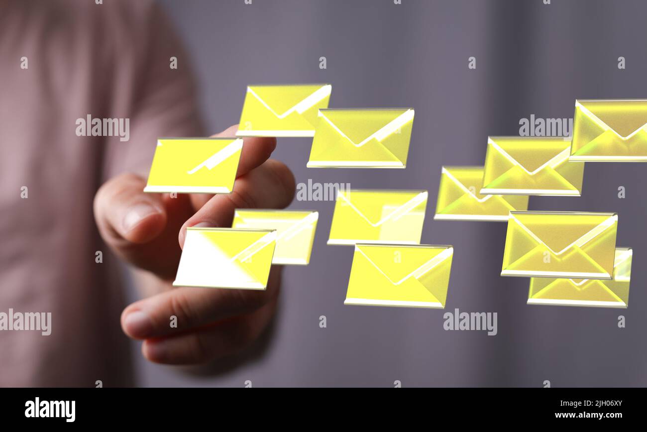 A 3D render of an email symbol and Network Communications with a male ...