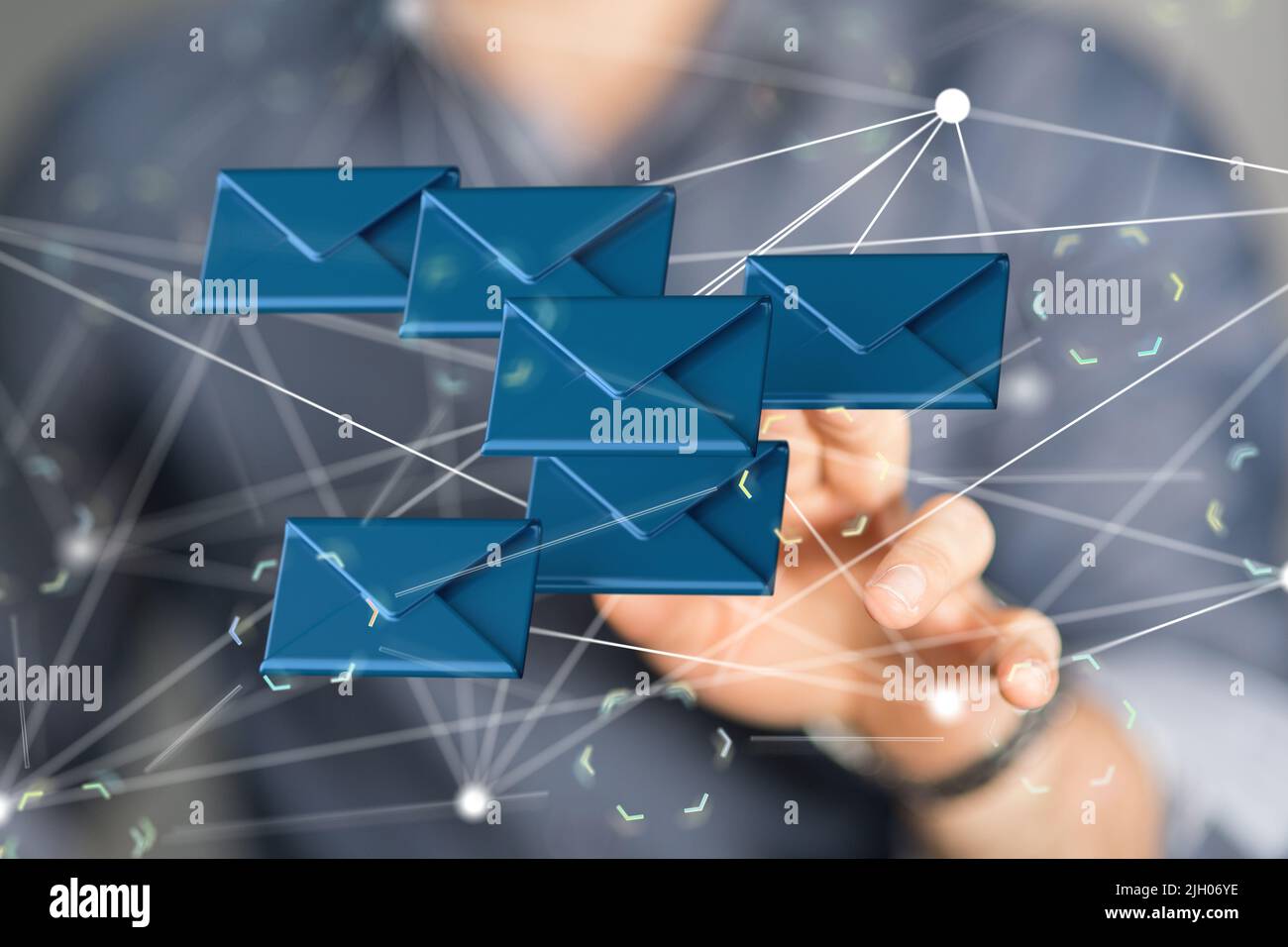 A 3D render of an email symbol and Network Communications with a male ...