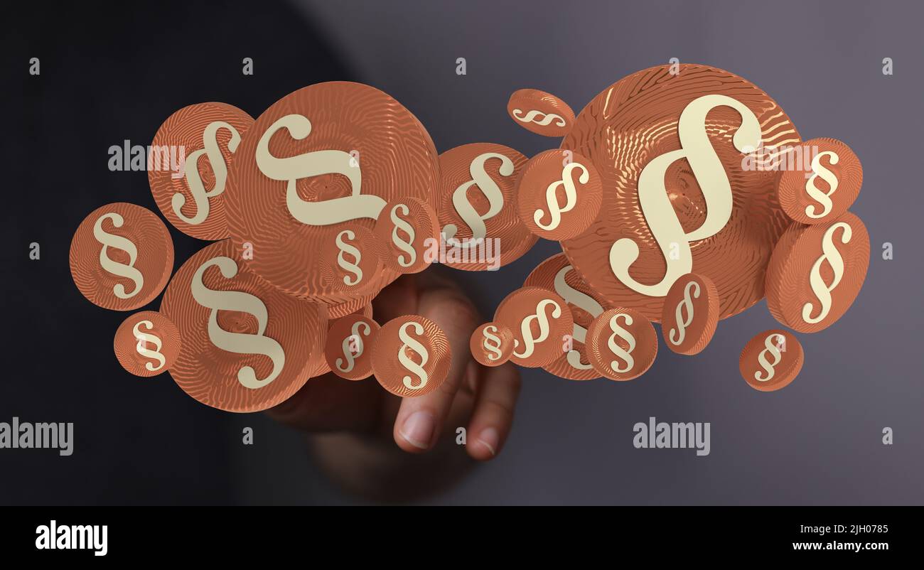 A 3D render of a Symbol of Law and Justice in a male hand on a blurry ...
