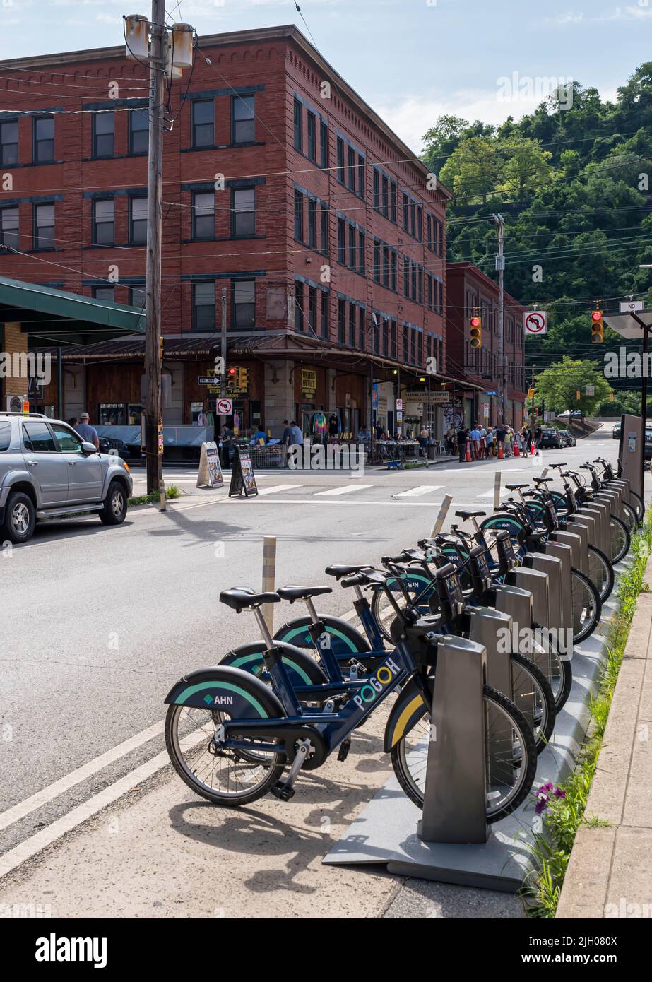 Pay as go bikes, owned by Bike Share Pittsburgh, lined up in the Strip ...