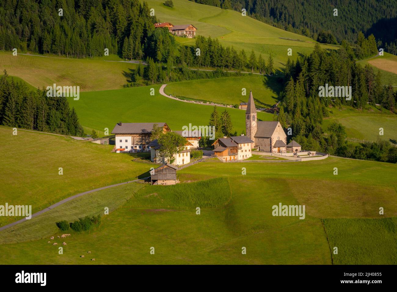 Landscape of St Magdalena with church in Dolomites, Northern Italy ...
