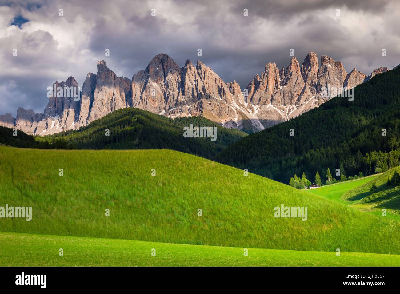 Landscape of St Magdalena countryside in Dolomites, Northern Italy ...