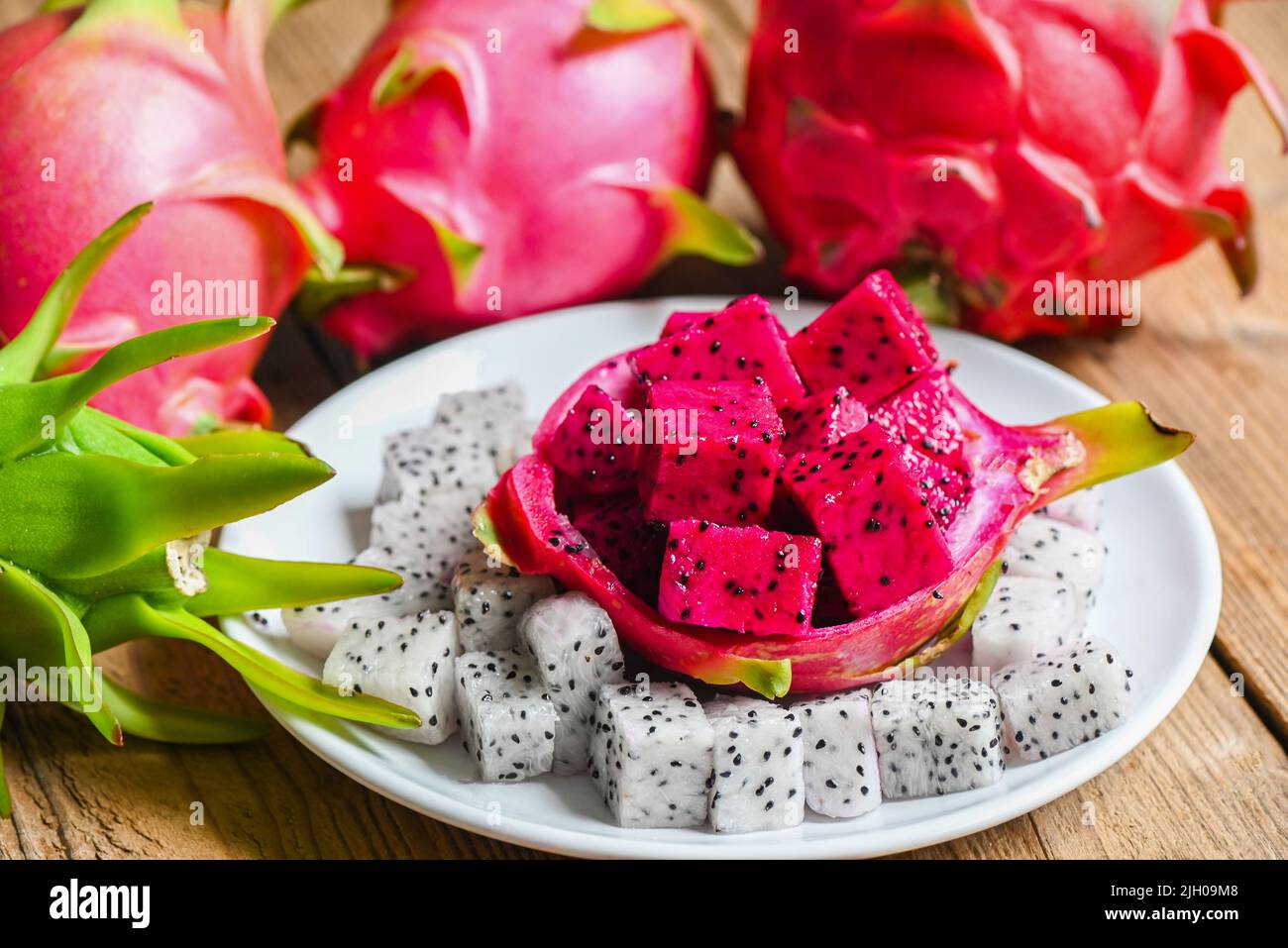 fresh white and red purple dragon fruit tropical in the asian thailand ...