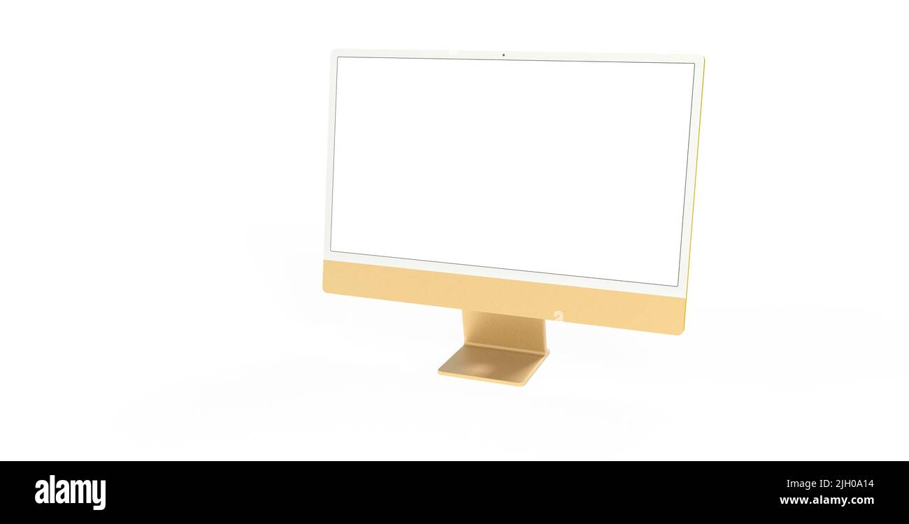 A 3D render of a modern PC screen with a gold frame isolated on a white ...