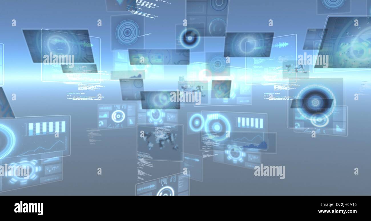 Image of data processing on moving screens Stock Photo - Alamy