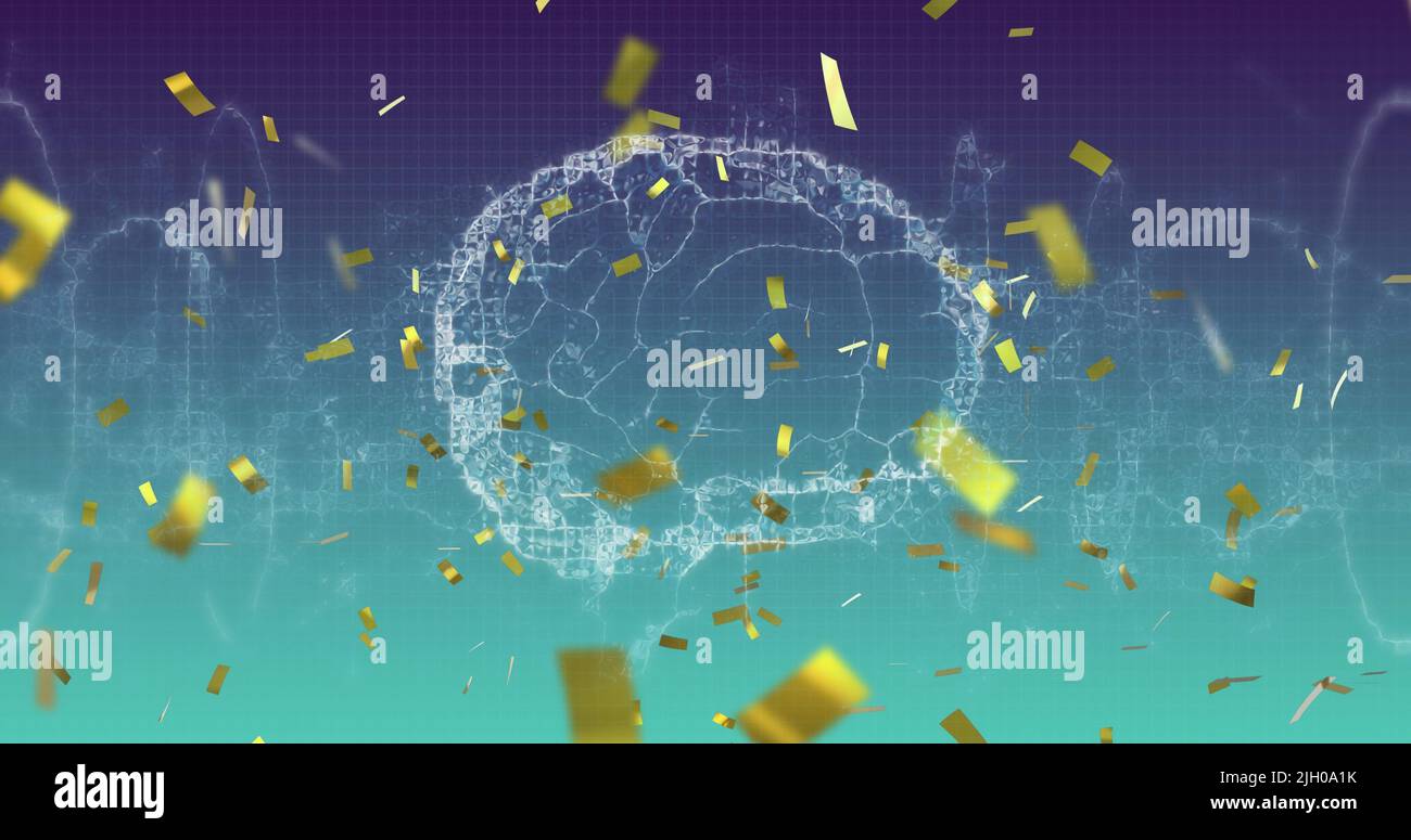 Image of gold confetti falling over human brain spinning Stock Photo ...