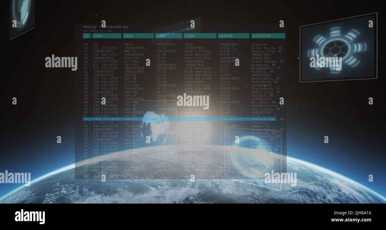 Image of data processing on screen and scopes scanning over planet ...