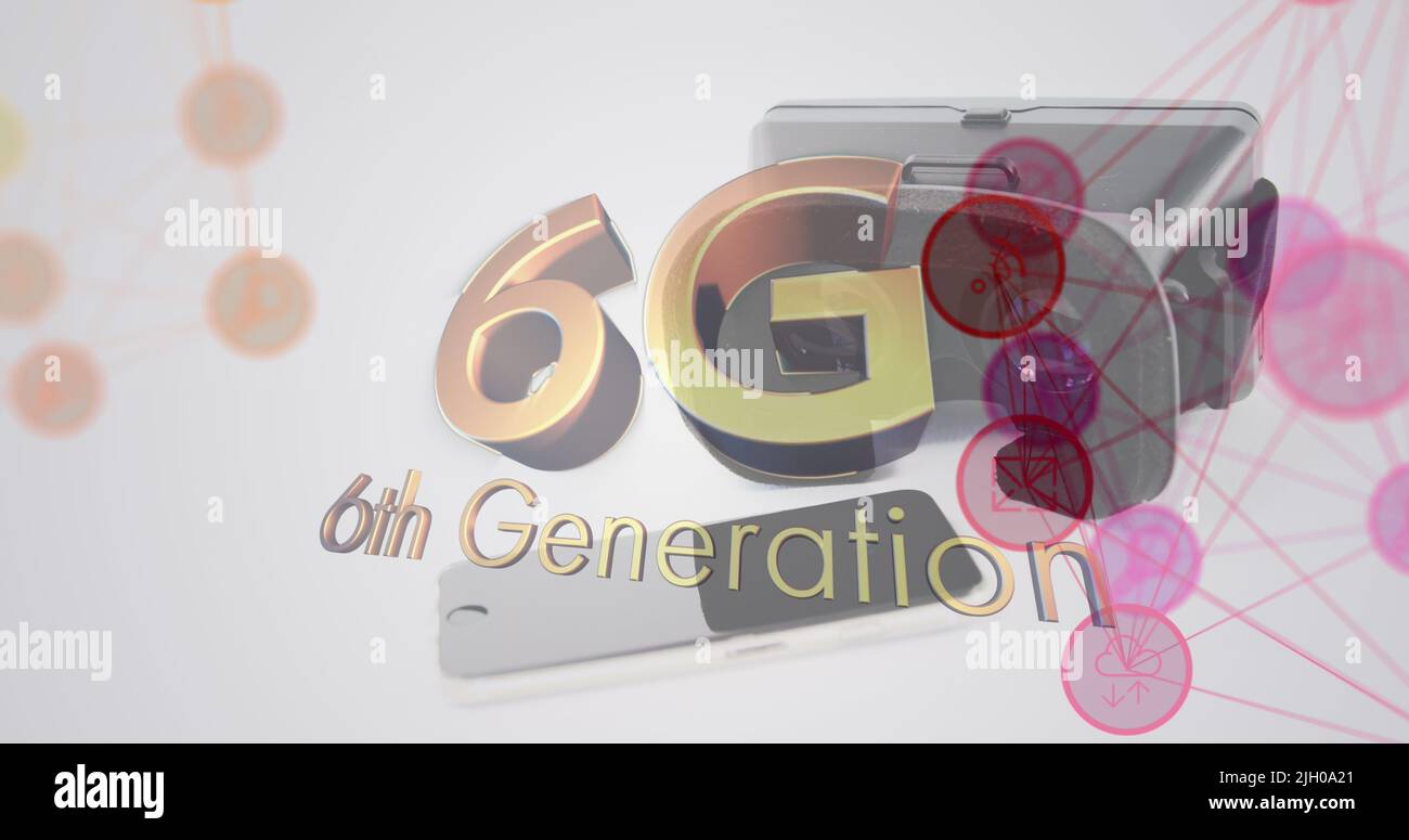 Image of 6g text over network of connections and vr headset Stock Photo ...