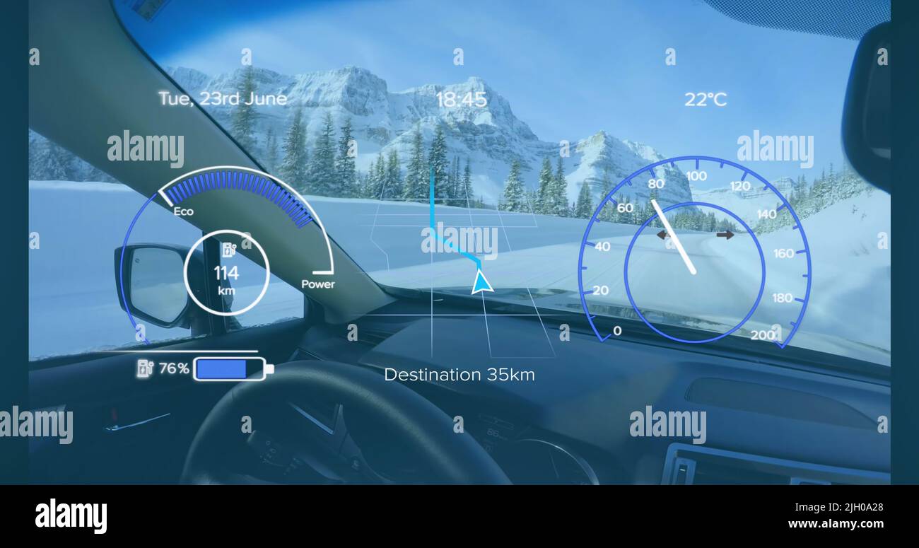 Image of interface with charging battery icon and speedometer over car Stock Photo - Alamy