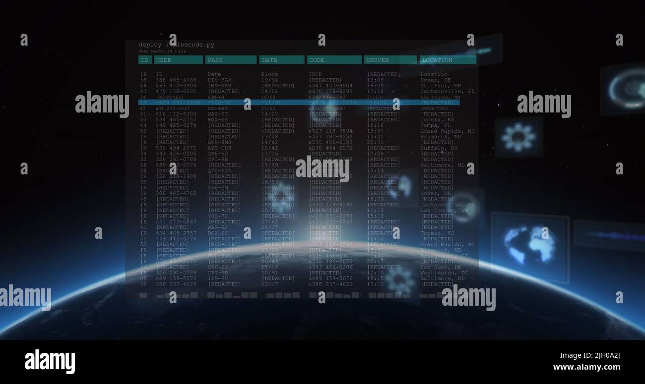 Image of data processing on screen and scopes scanning over planet ...