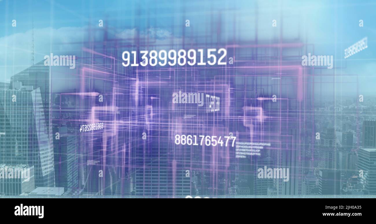 Image of numbers changing and data processing over cityscape Stock Photo - Alamy