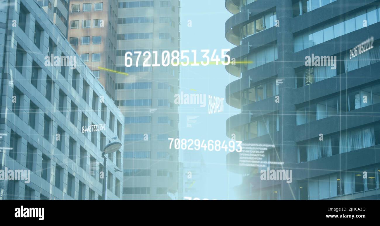 Image of numbers changing and data processing over cityscape Stock Photo - Alamy