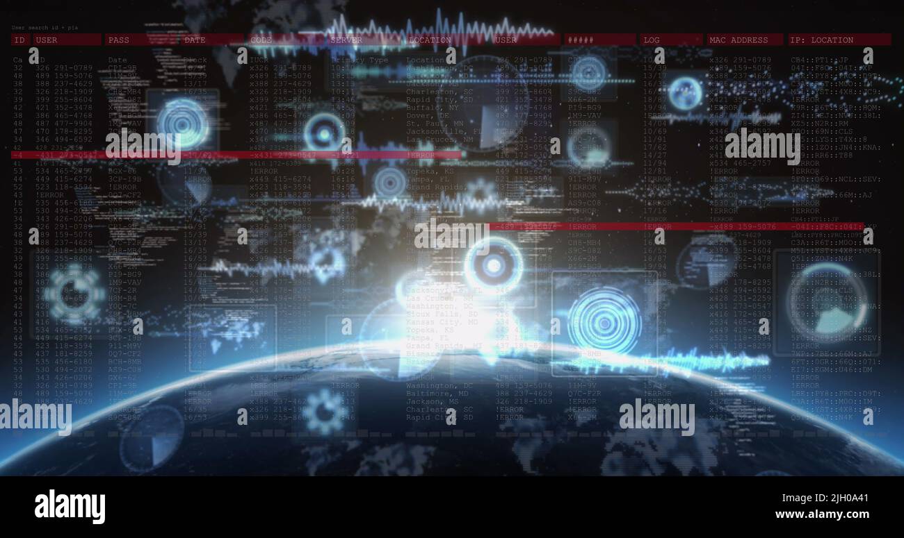 Image of data processing on screen and scopes scanning over planet earth Stock Photo - Alamy