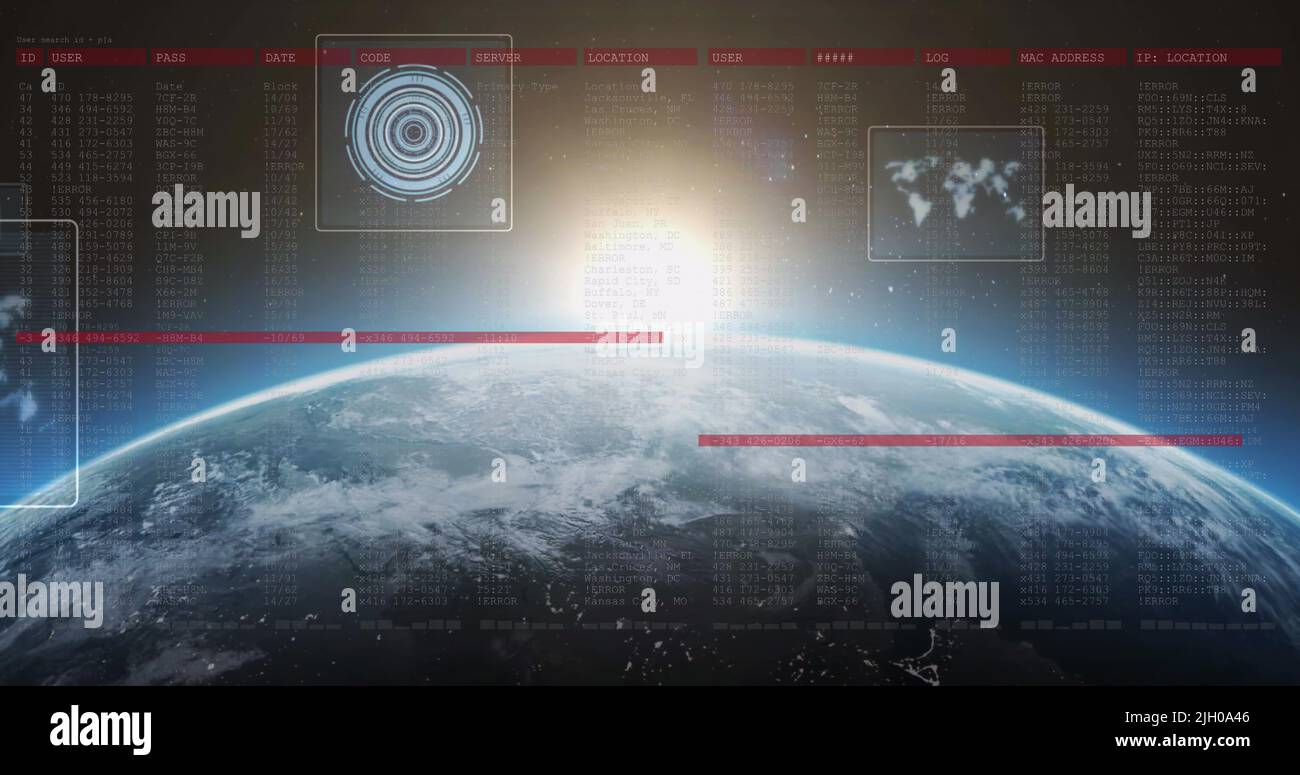 Image of data processing on screen and scopes scanning over planet earth Stock Photo - Alamy