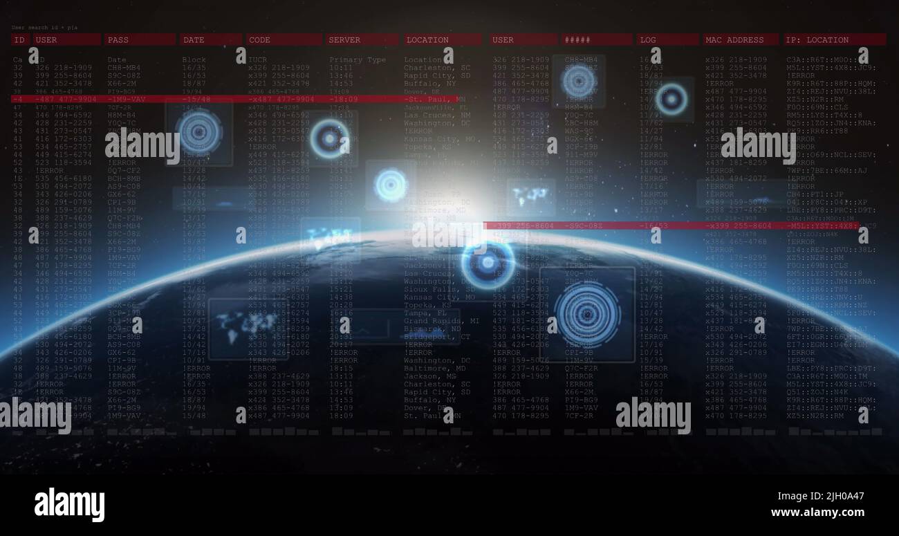 Image of data processing on screen and scopes scanning over planet ...