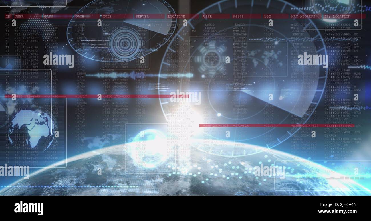 Image of data processing on screen and scopes scanning over planet ...