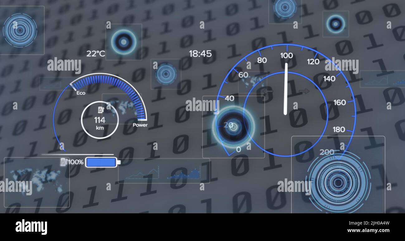 Image of interface with charging battery icon and speedometer over binary coding Stock Photo - Alamy