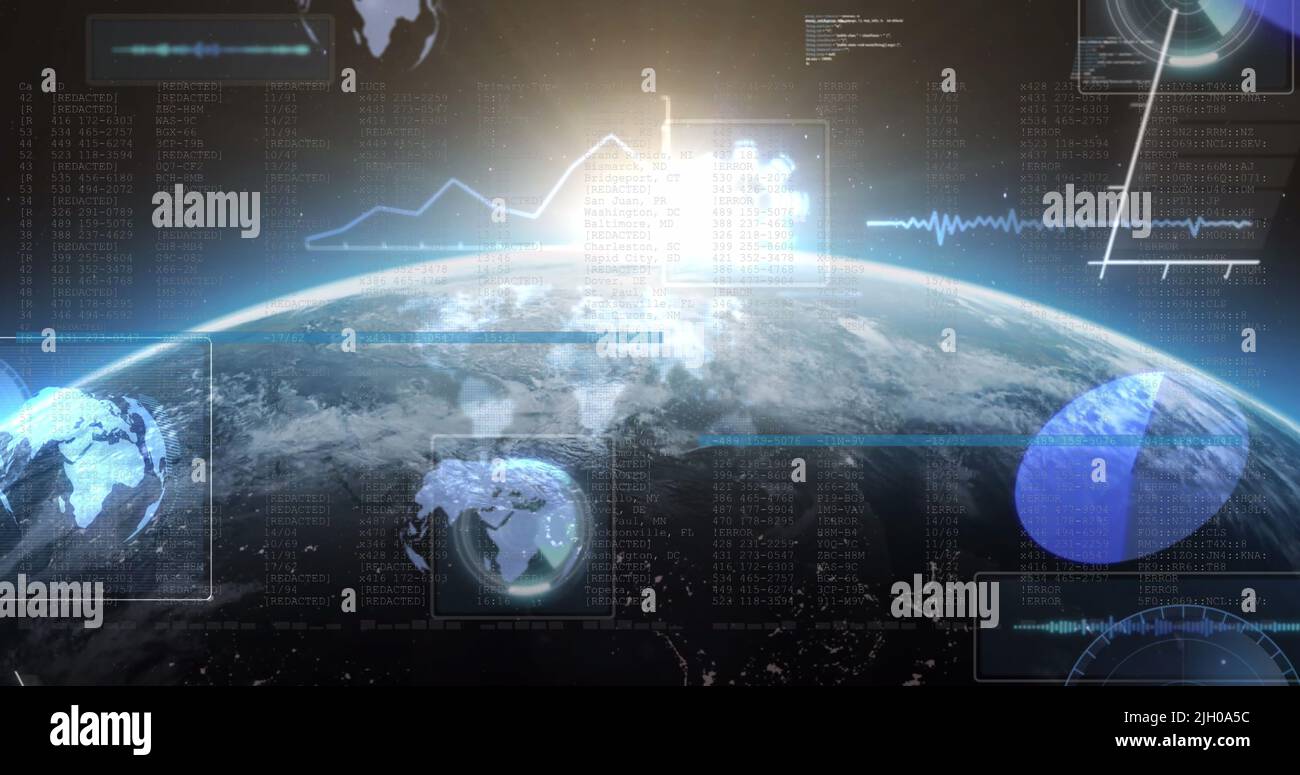 Image of statistics with data processing on screen and scopes scanning ...