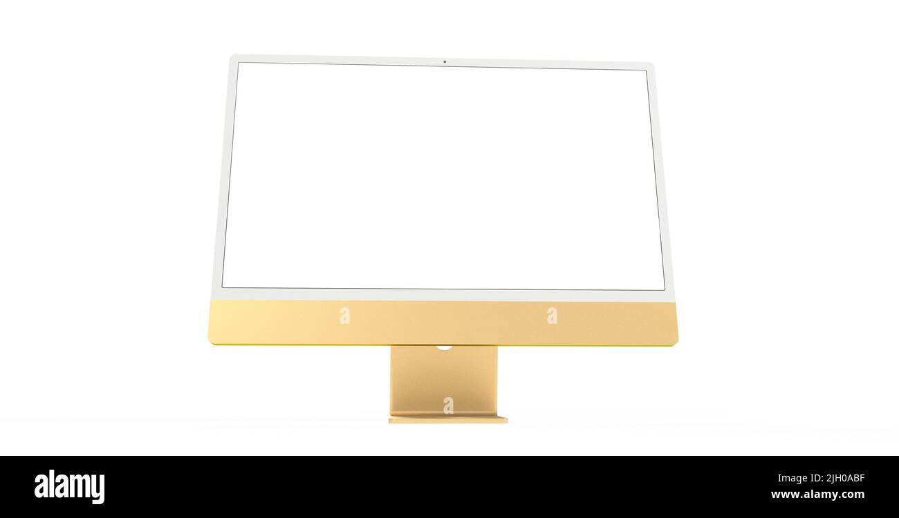 A 3D render of a modern PC screen with a gold frame isolated on a white ...