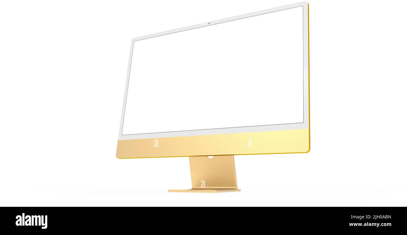 A 3D render of a modern PC screen with a gold frame isolated on a white ...