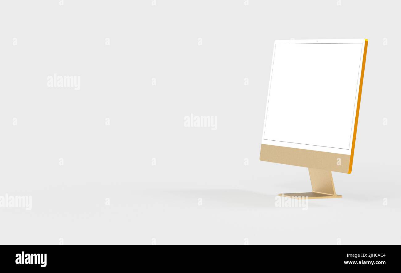 A 3D render of a modern PC screen with a gold frame isolated on a white ...
