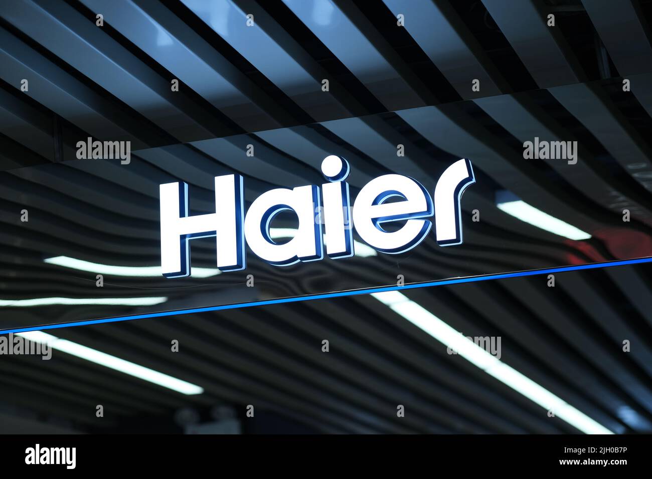 Shanghai,China-Feb. 12th 2022: close up Haier brand logo sign in store ...