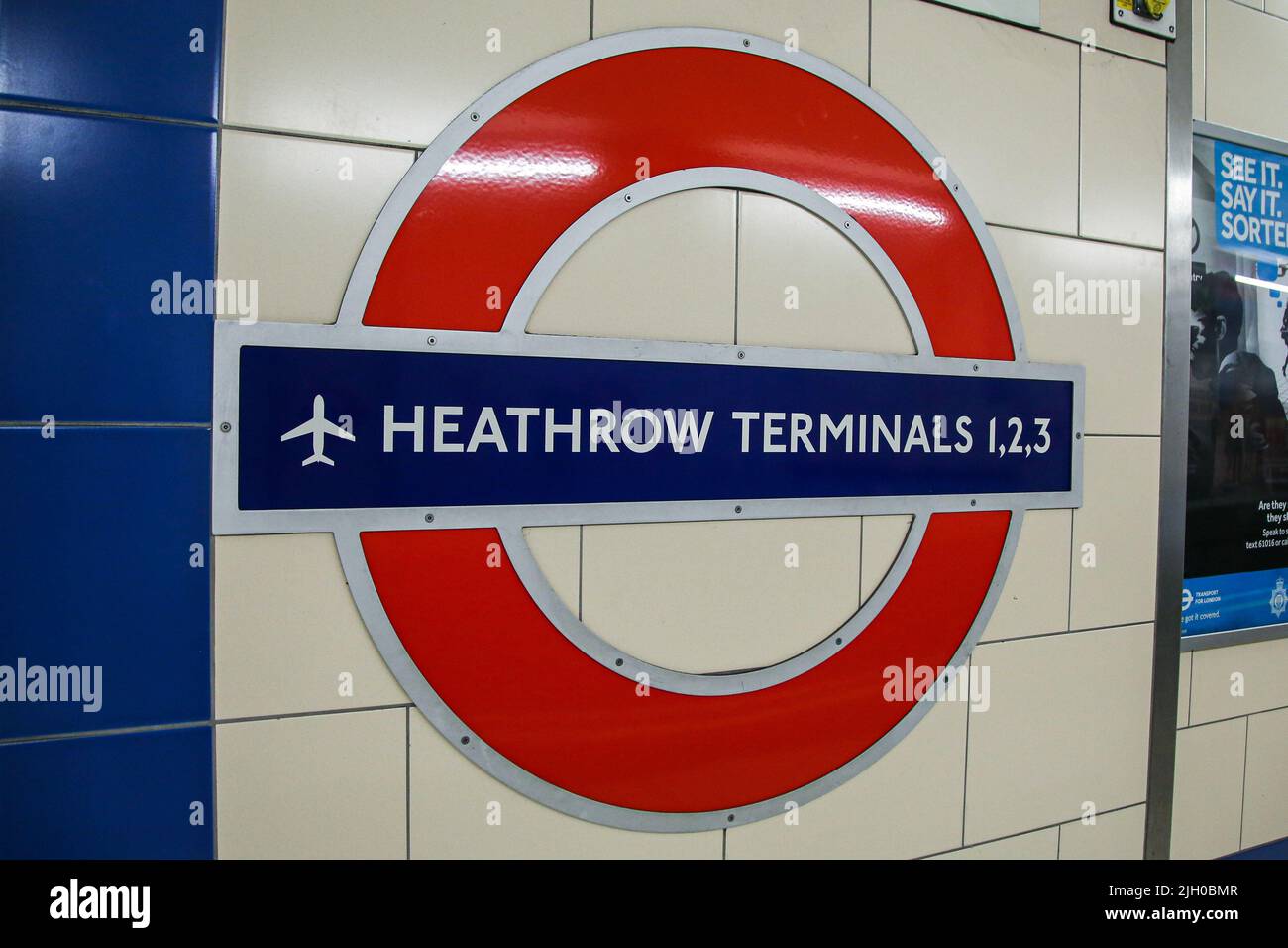 Heathrow Terminal 1, 2, 3 London underground sign. (Photo by Dinendra ...
