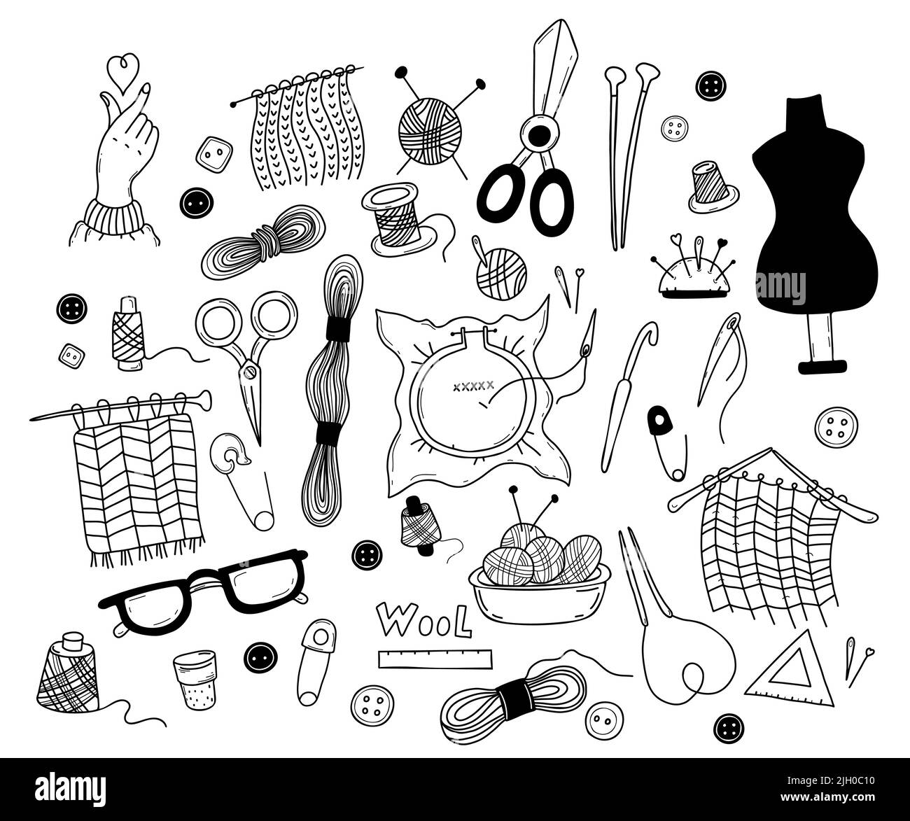 Collection of hobbies, embroidery and knitting. Linear hand drawing in ...