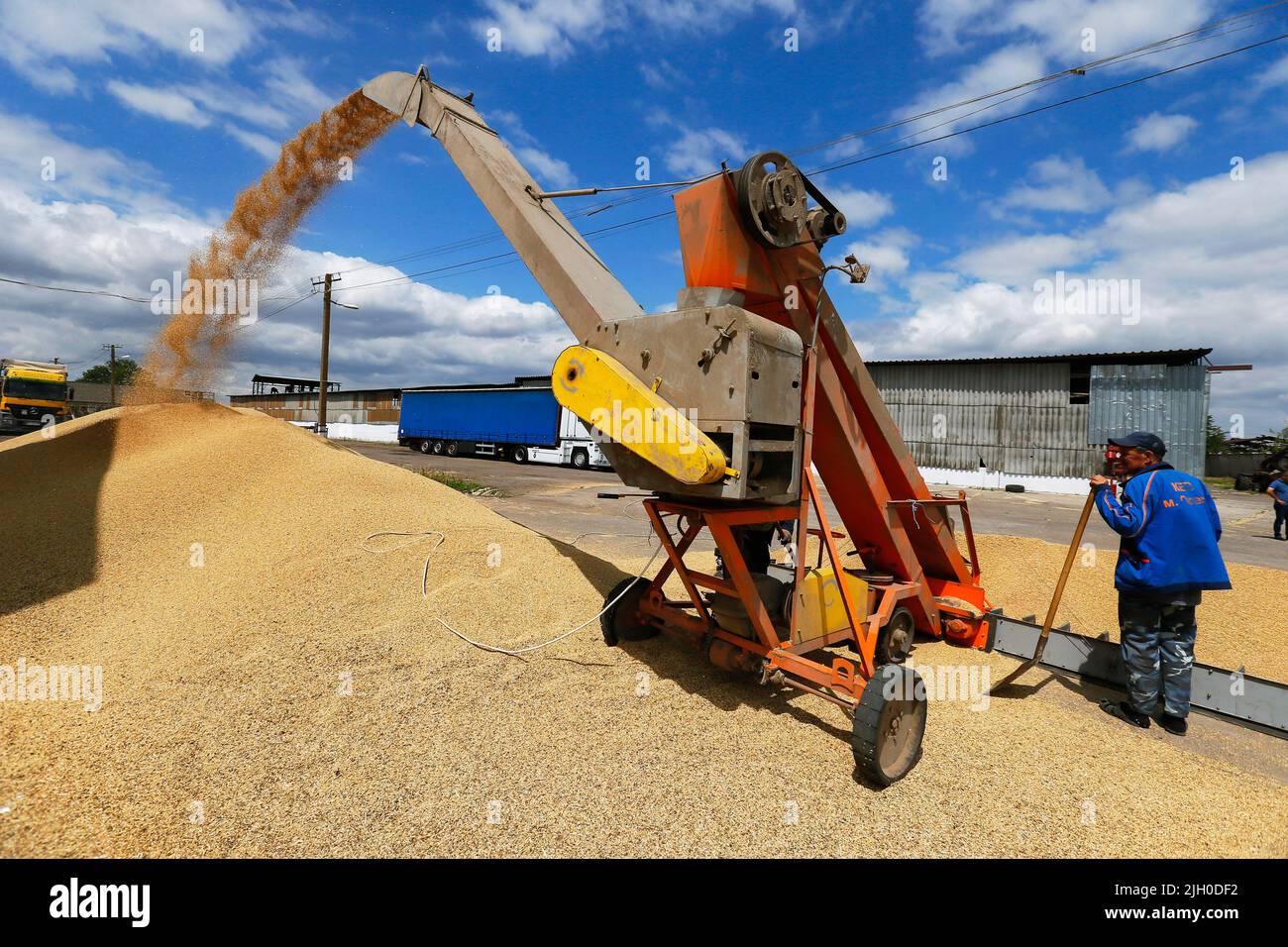 Ukrainian farmers load mix grains of wheat and barley after harvesting ...