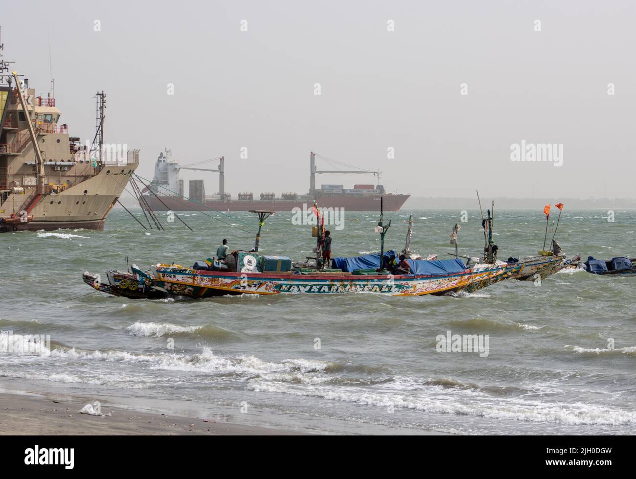 PORTUGUESE TOWN, BANJUL, THE GAMBIA - FEBRUARY 10, 2022 fishing boats ...