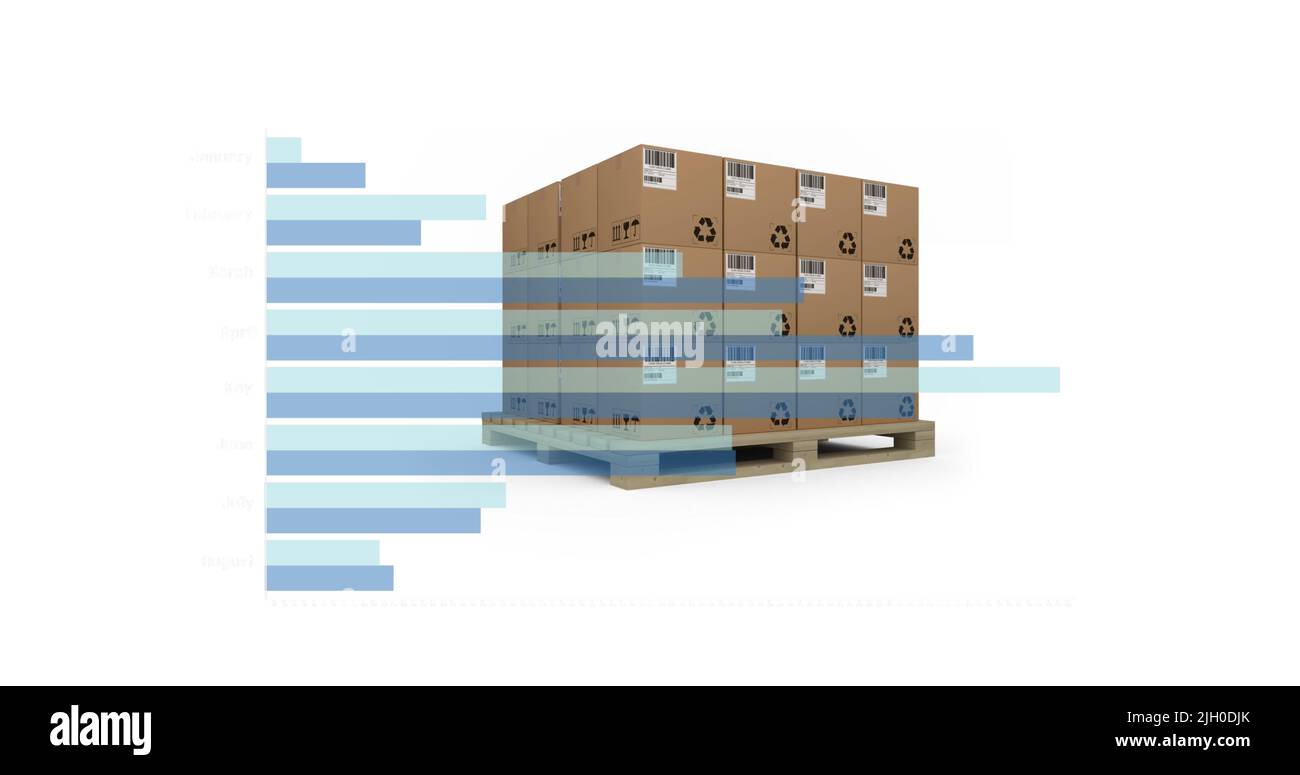 Image of graph with data processing over boxes on white background ...