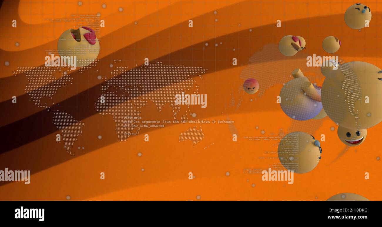 Image of world map and globe with data processing over emoji icons ...