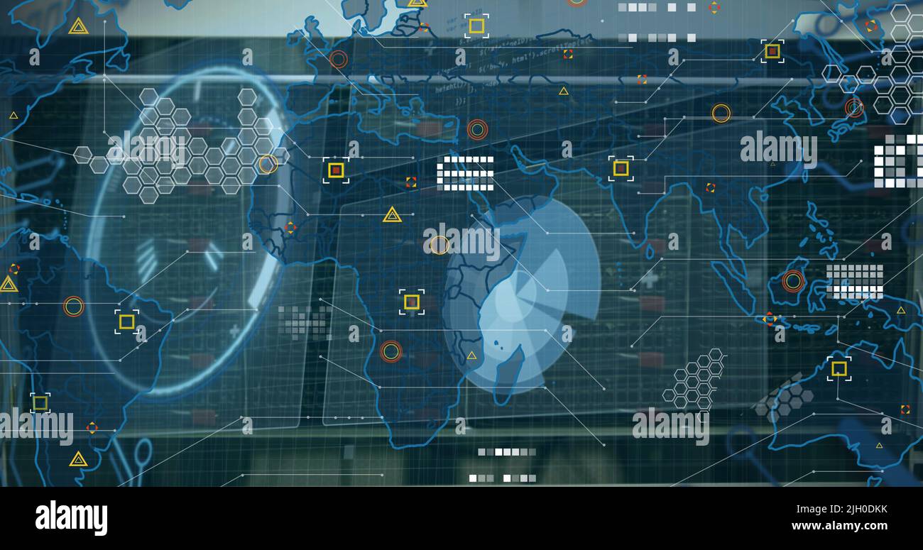 Image of digital interface with scan scoping and world map over dark ...