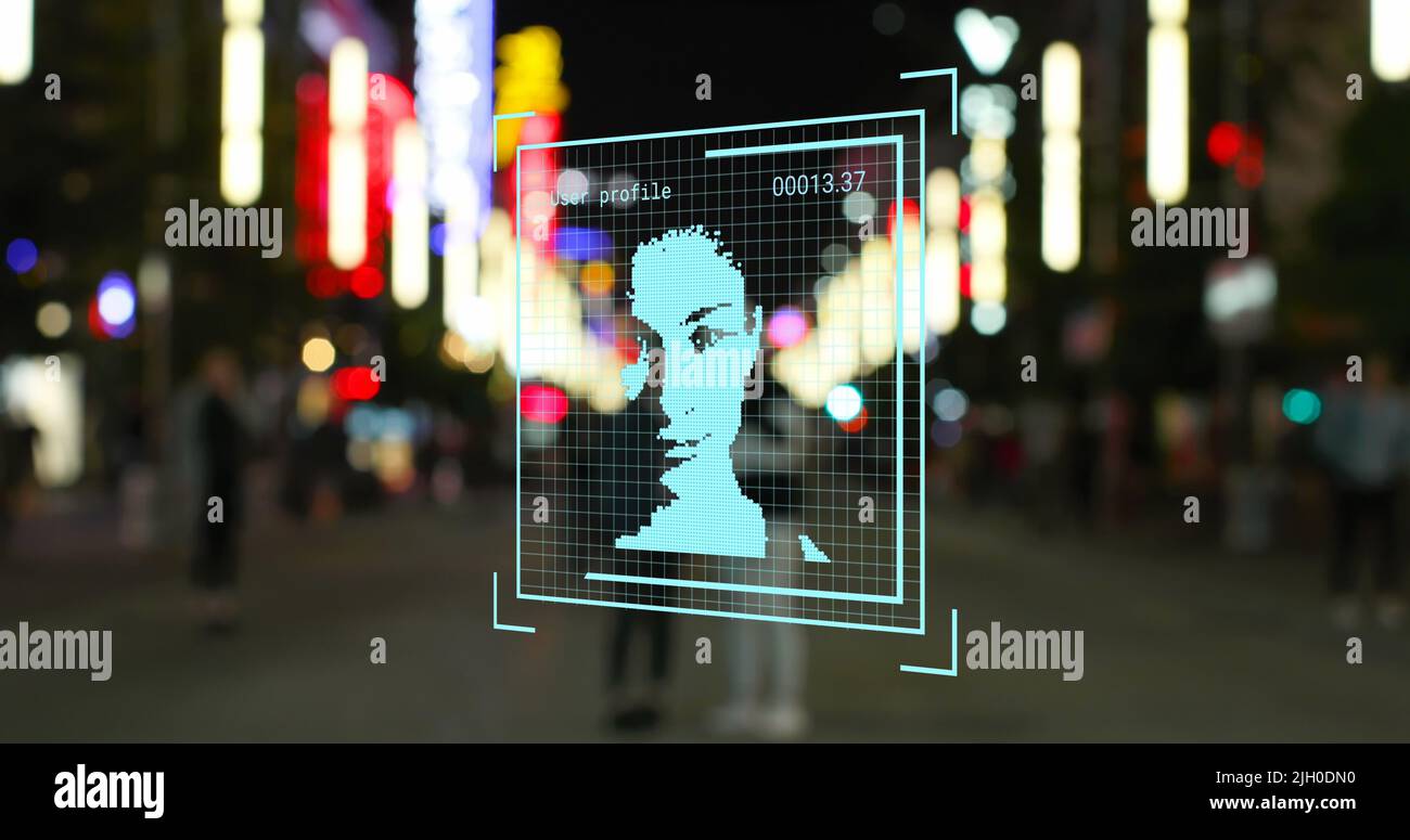 Image of digital profile portraits processing over city street at night Stock Photo - Alamy
