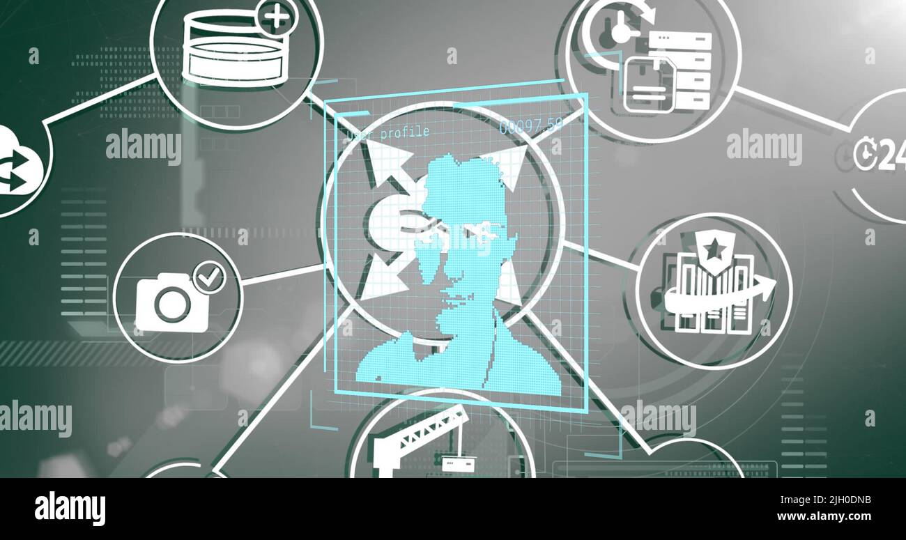 Image of digital portraits over network of media icons and scanner ...