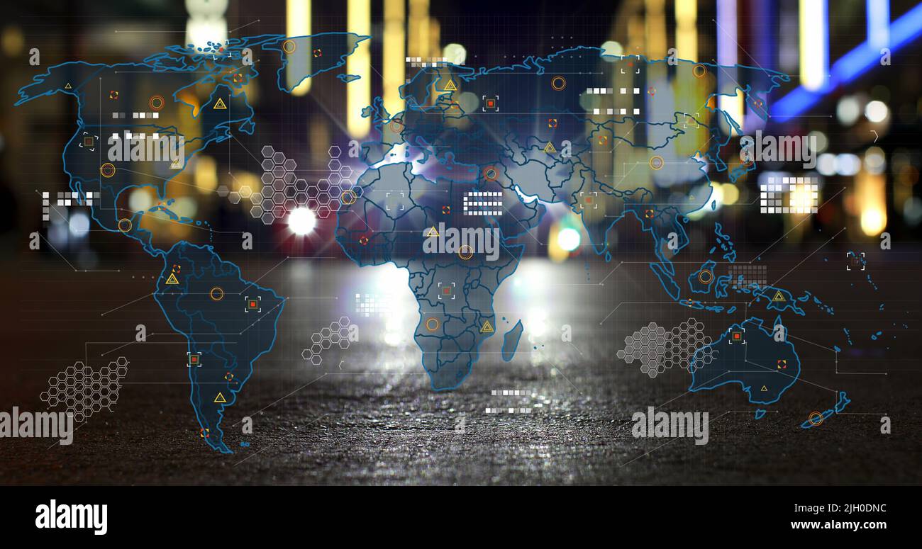 Image of world map with data processing over pedestrians on city street at night Stock Photo - Alamy