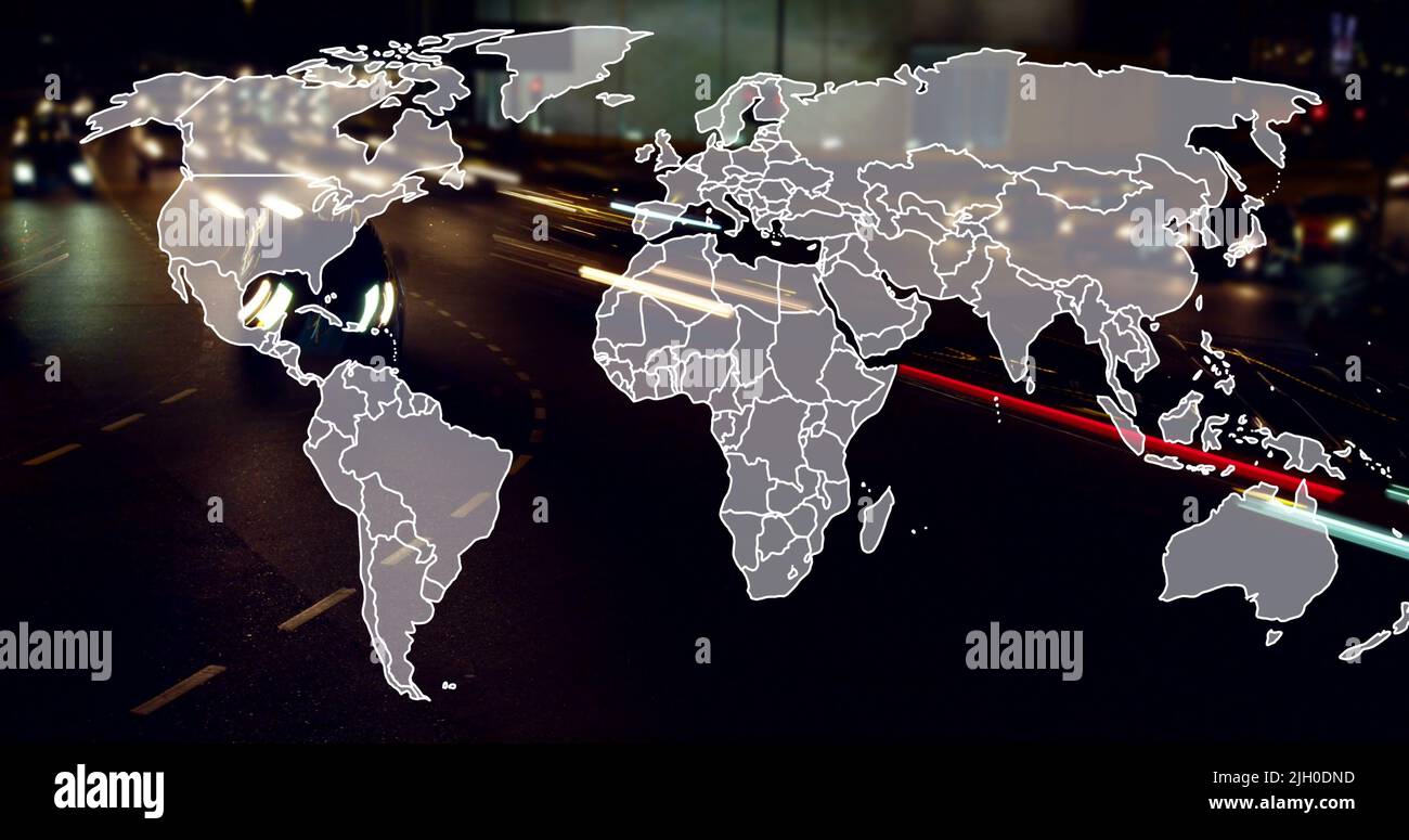 Image of world map over fast speed traffic on city road at night Stock ...