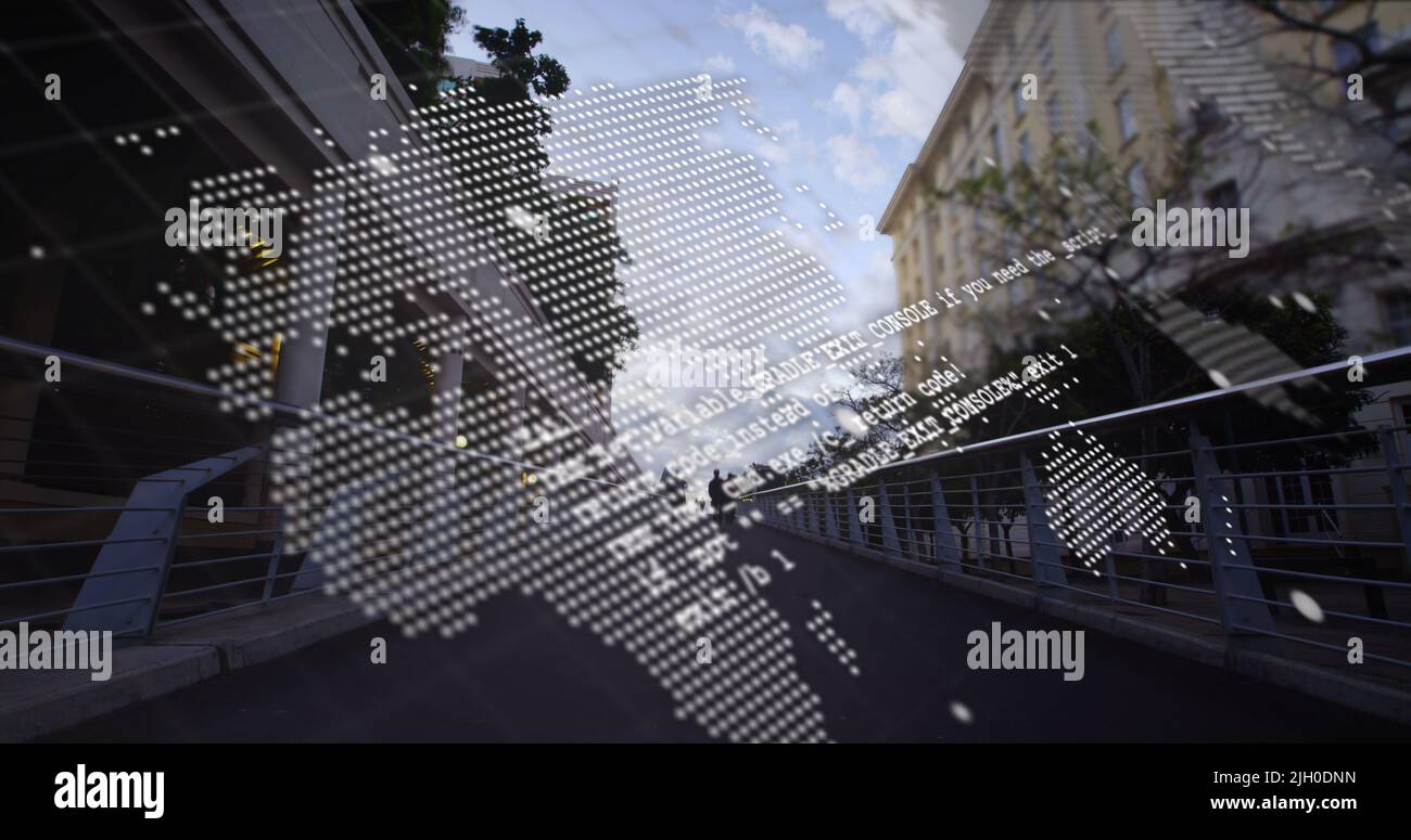 Image of world map and processing data over pedestrians crossing bridge ...