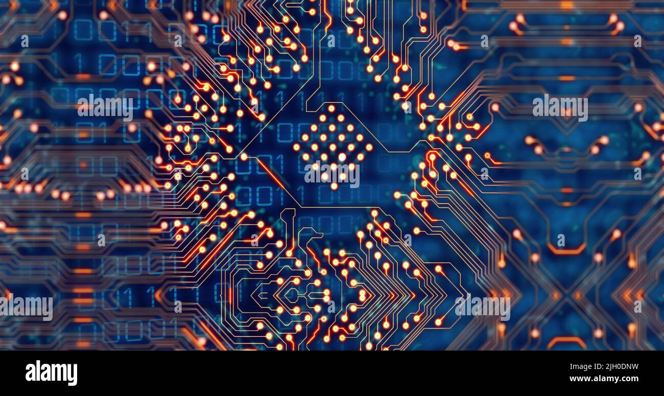 Image of glowing golden motherboard over binary data processing on blue ...