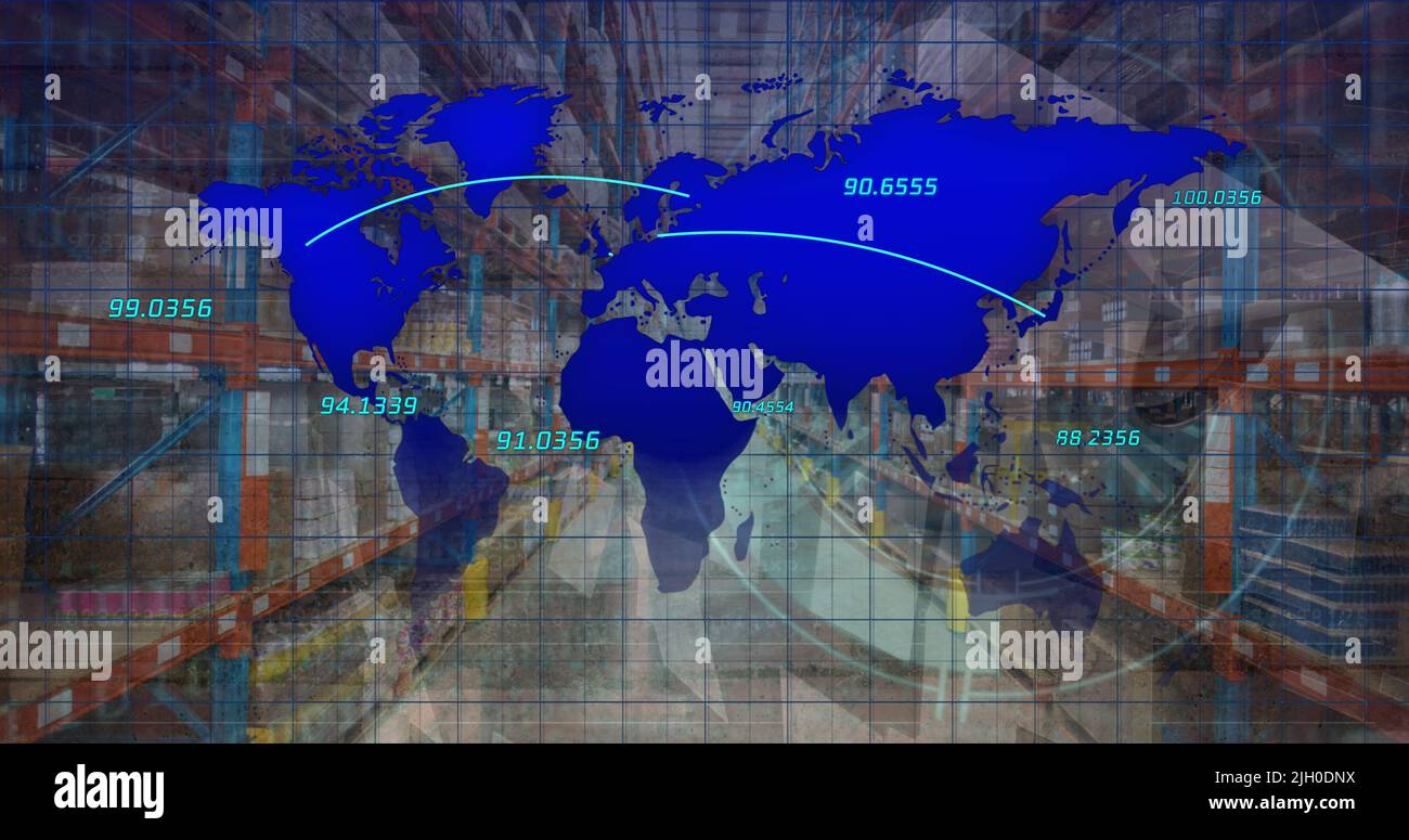 Image of world map and data processing over wharehouse interior Stock ...