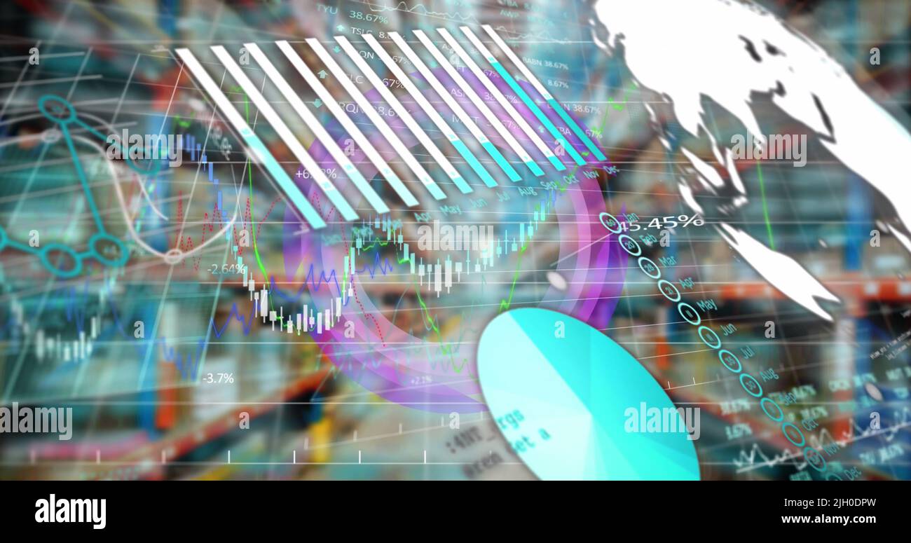 Image of graph, charts, globe and data processing over warehouse ...