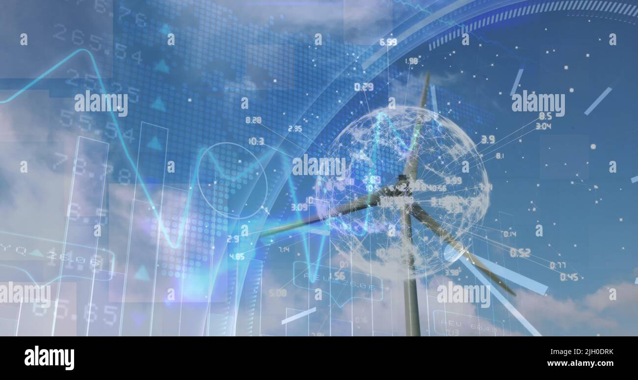 Image of financial data processing with globe over wind turbine and sky ...