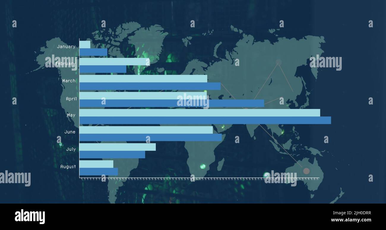 Image of graph and data processing over world map on dark background ...