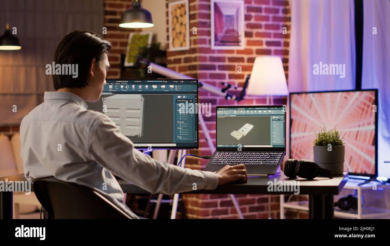 Manufactory engineer developing industrial product on creative software ...