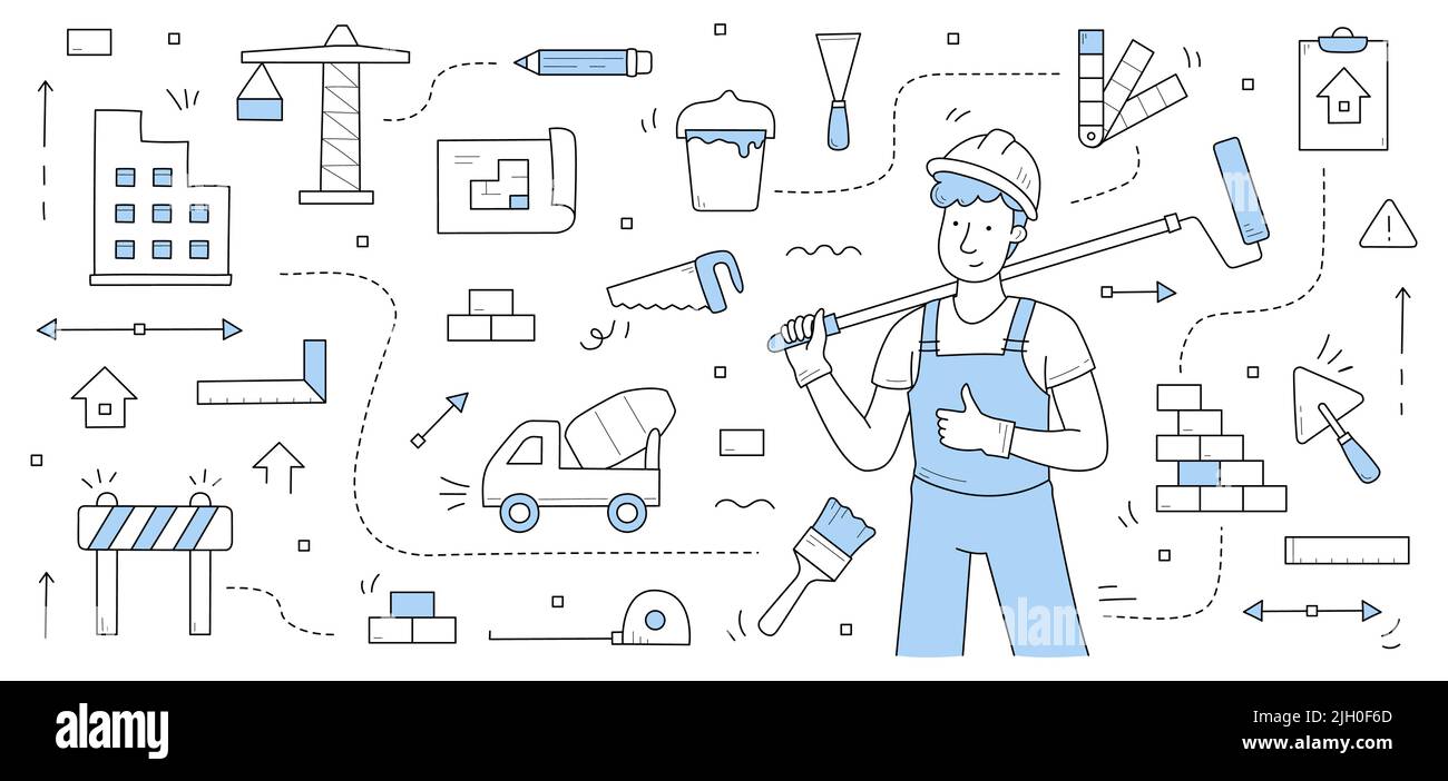 Construction and building doodle concept. Repair service worker in ...