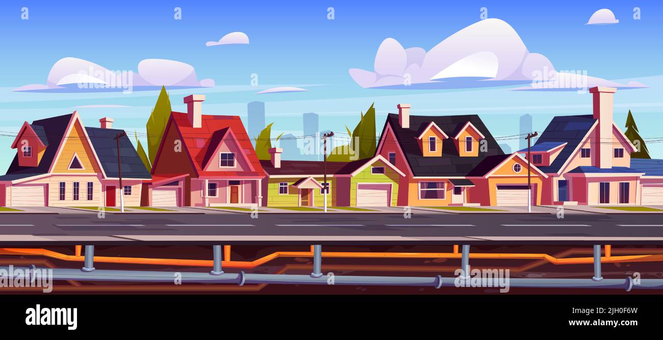 Suburb houses and underground pipeline. Sewer and plumbing system under ...