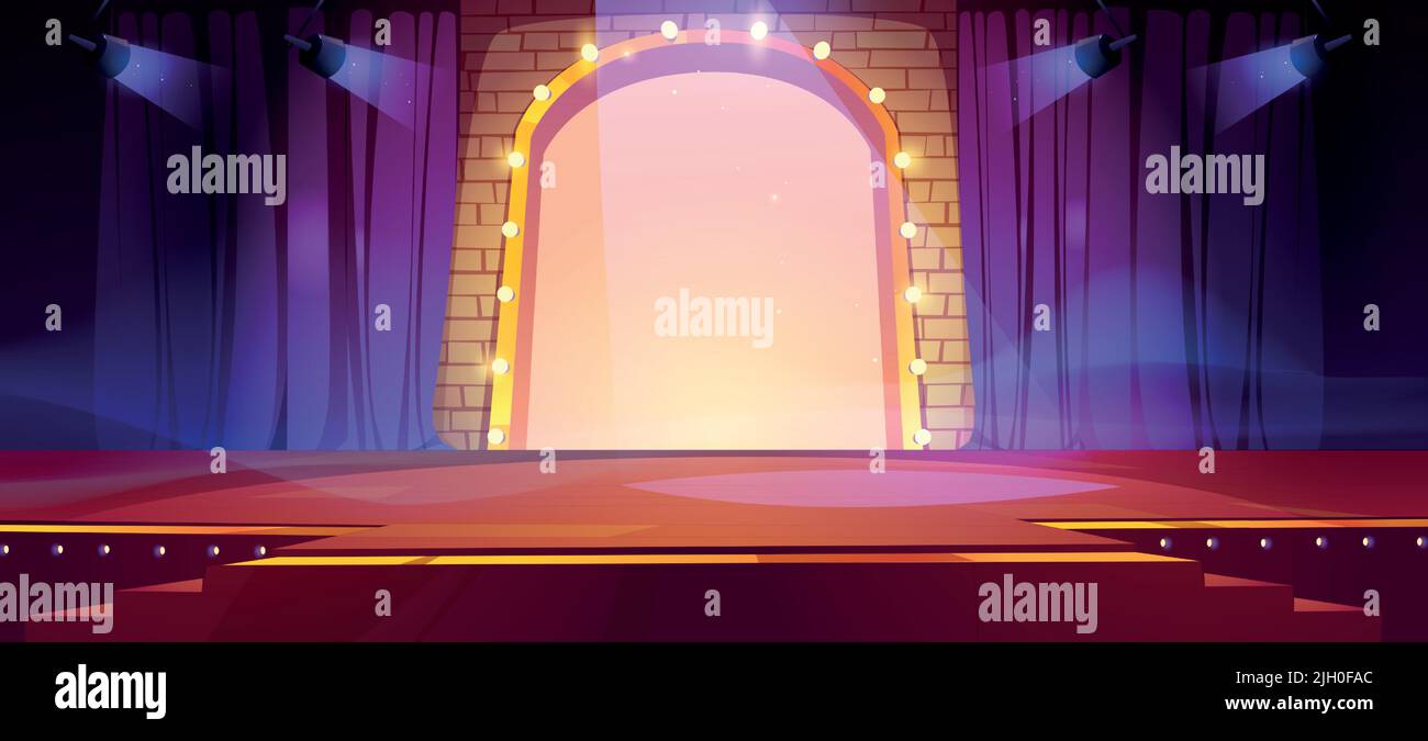 Stage for concert or show with spotlights, curtains and gold arch with ...