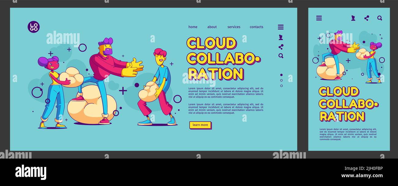Cloud collaboration, teamwork landing page, app ui ux mobile app onboard screen template ...