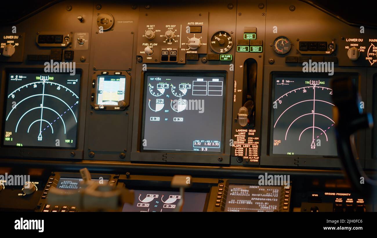 Airplane cockpit with flying command on control panel and dashboard for ...
