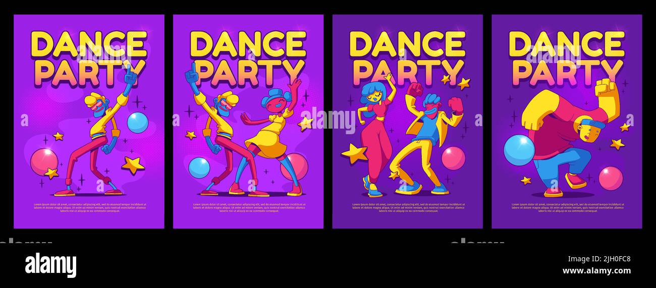 Dance party flyers with happy dancing contemporary characters ...